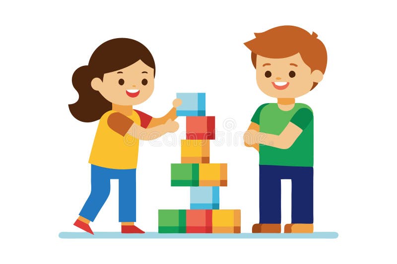 Illustration of Children Playing with Building Blocks and Enjoying a ...