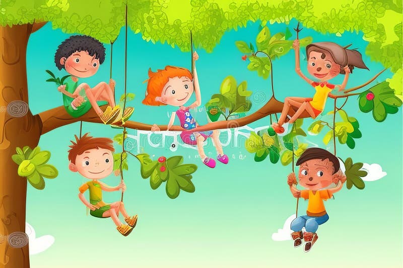 Illustration of Children Playing in a Tree Stock Illustration ...