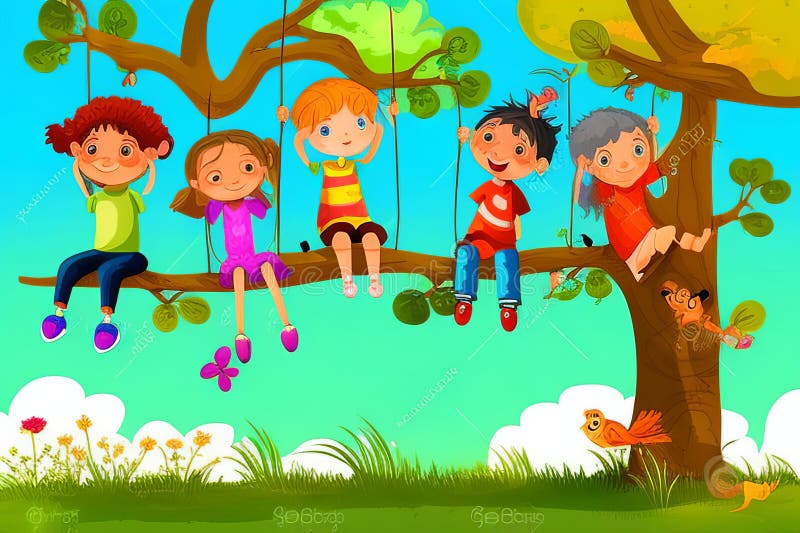 Illustration of Children Playing in a Tree Stock Illustration ...