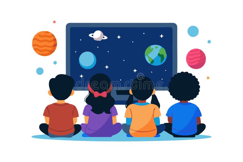 Illustration of Children Watching a Screen Displaying Planets and Space ...