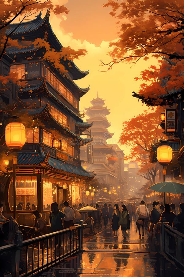 Illustration of a Chinese City with Traditional Architecture Stock ...