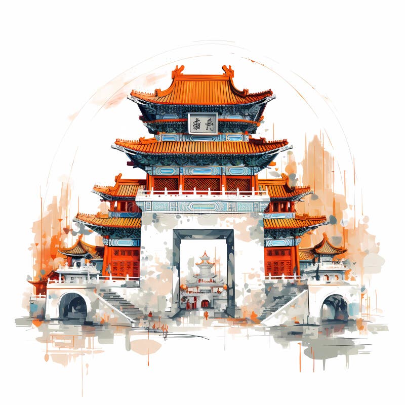 Illustration of a Chinese City with Traditional Architecture Stock ...