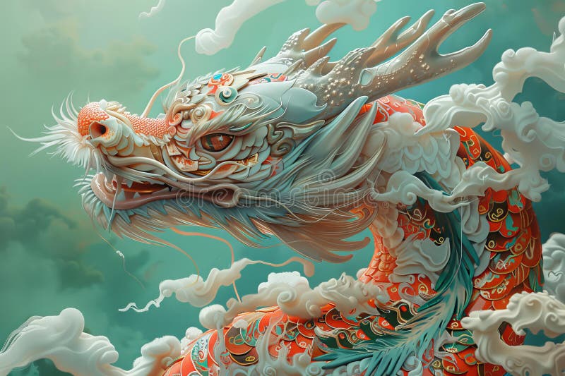 Chinese Dragon, Closeup of the Head and Body, with Colorful Patterns on ...