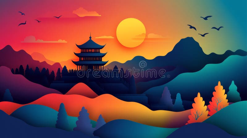 An Illustration of Chinese Mountains and Clouds, Styled As a Paper Cut ...