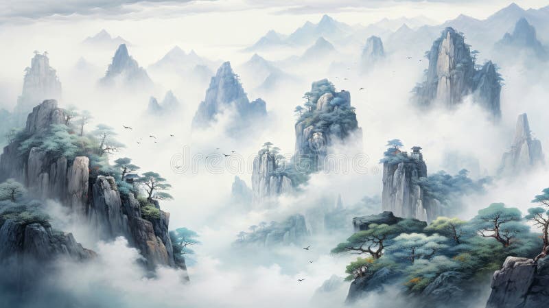 Illustration of a Chinese Temple in the Mist with a Mountain Background ...