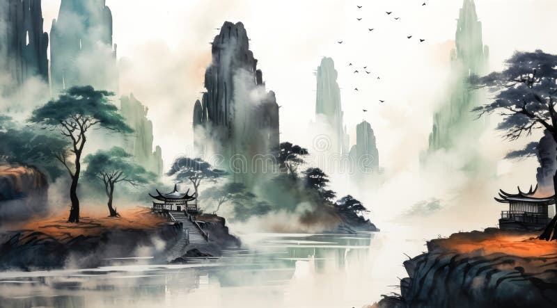 Illustration of a Chinese Temple in the Mist with a Mountain Background ...