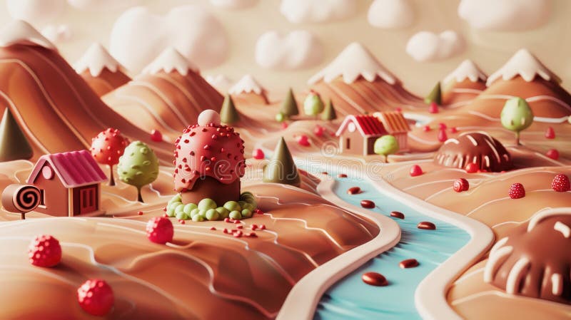 Illustration of a Chocolate Land with Hills and a River Stock ...