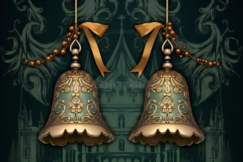 Illustration of Christmas Bells with Gold Ornament on a Dark Background ...