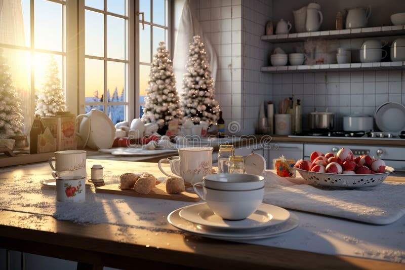 Illustration of Christmas Morning in Kitchen Modern Design, Generative ...