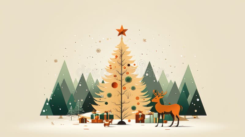 An Illustration of a Christmas Tree and Deer Stock Illustration ...