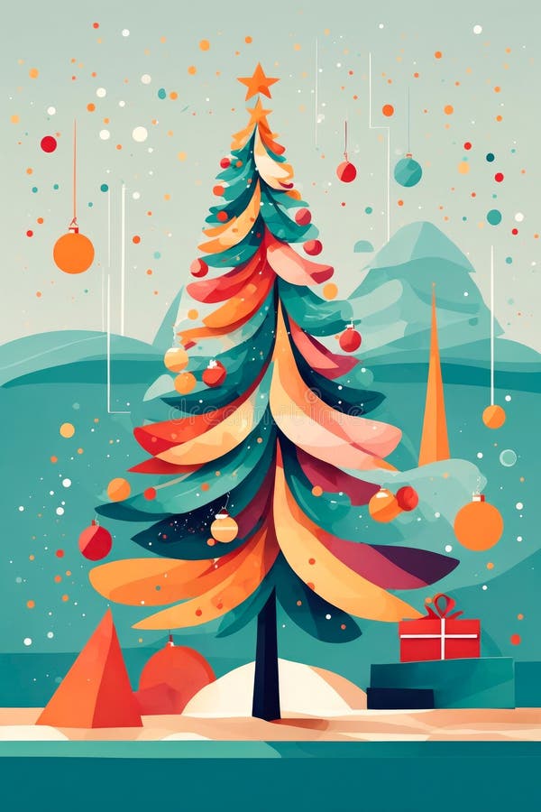 Illustration with Christmas Trees Adorned with Decorations in an ...