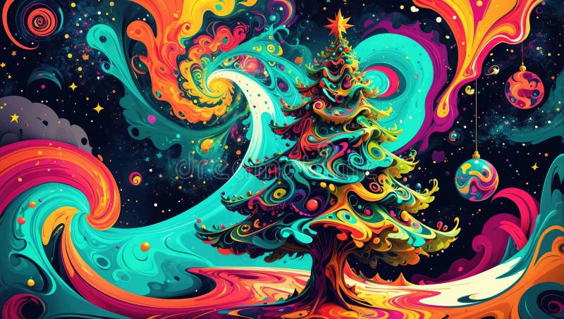 Illustration with Christmas Trees Adorned with Decorations in an ...