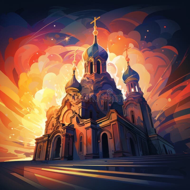 An Illustration of a Church at Sunset Stock Illustration - Illustration ...