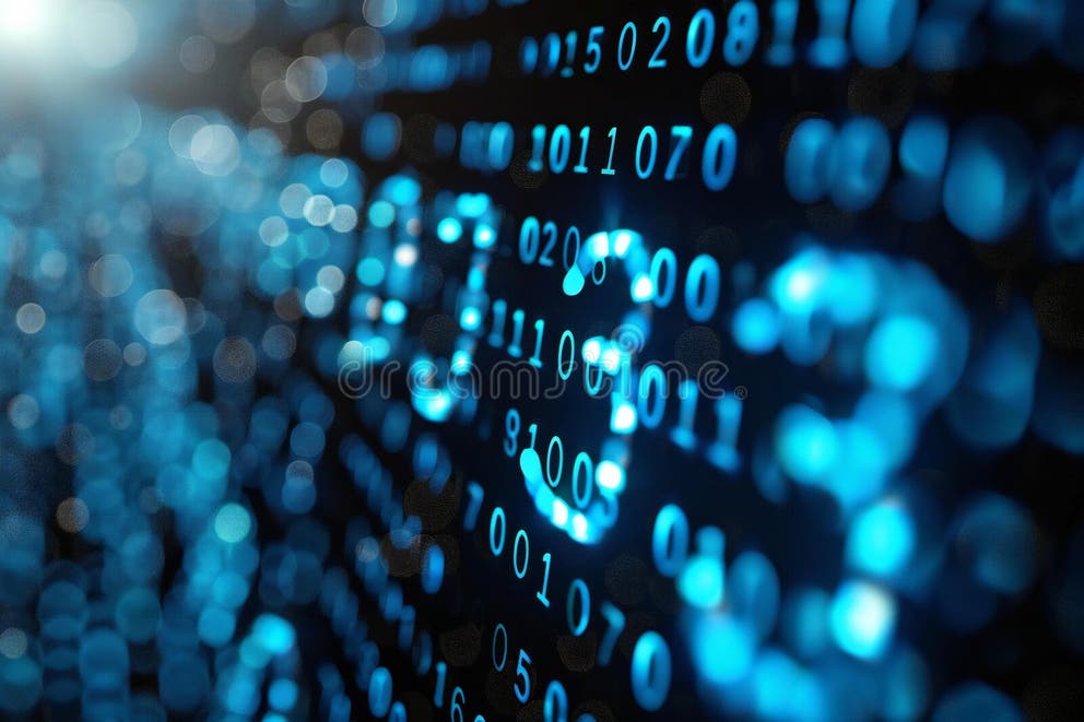 Illustration of Cinematic Closeup of Binary Code Flowing on a Dark ...