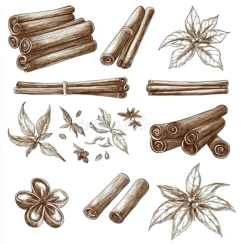 Illustration of Cinnamon Sticks and Associated Botanical Elements with ...