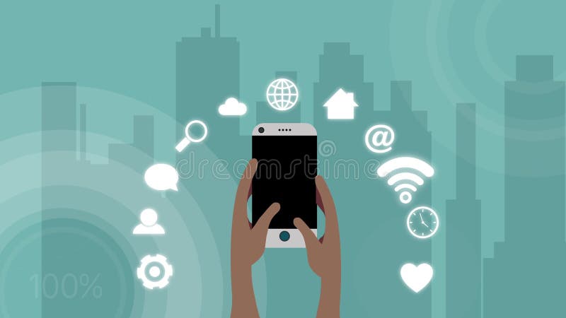 Illustration, City and Hands with Cellphone or Mobile App Icons for ...