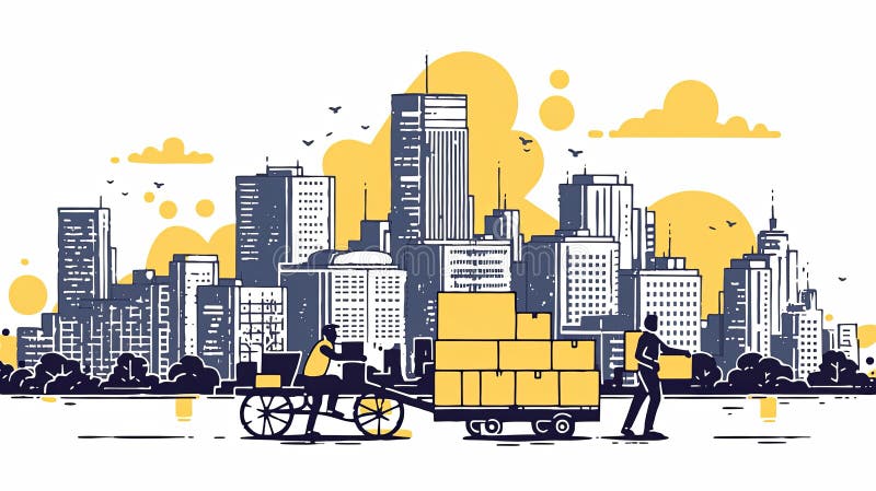 Illustration of City Skyline with Delivery Workers and Goods ...