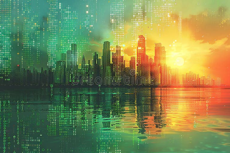 Illustration of City Skyline Made of Binary Code, with the Sun Setting ...