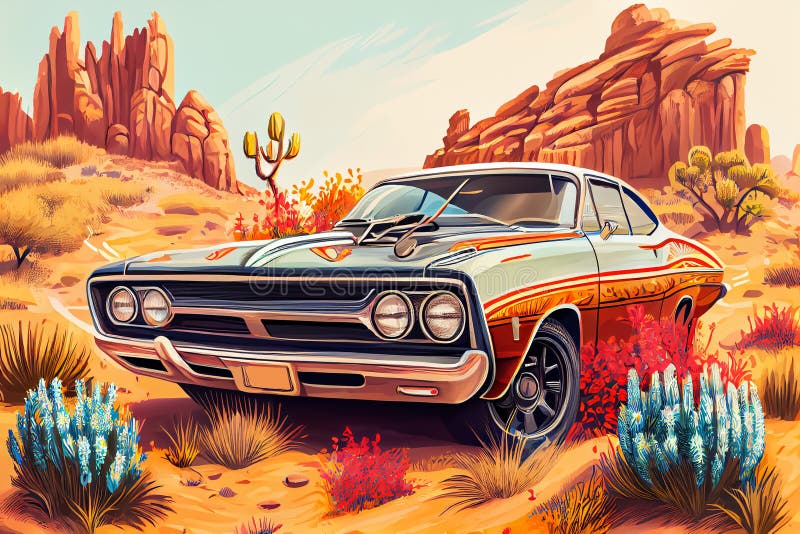 An Illustration of Classic Muscle Car in the Desert, AI-generated Image ...