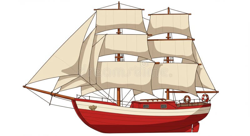 Illustration of a Classic Sailing Ship with a Red Hull and Multiple ...