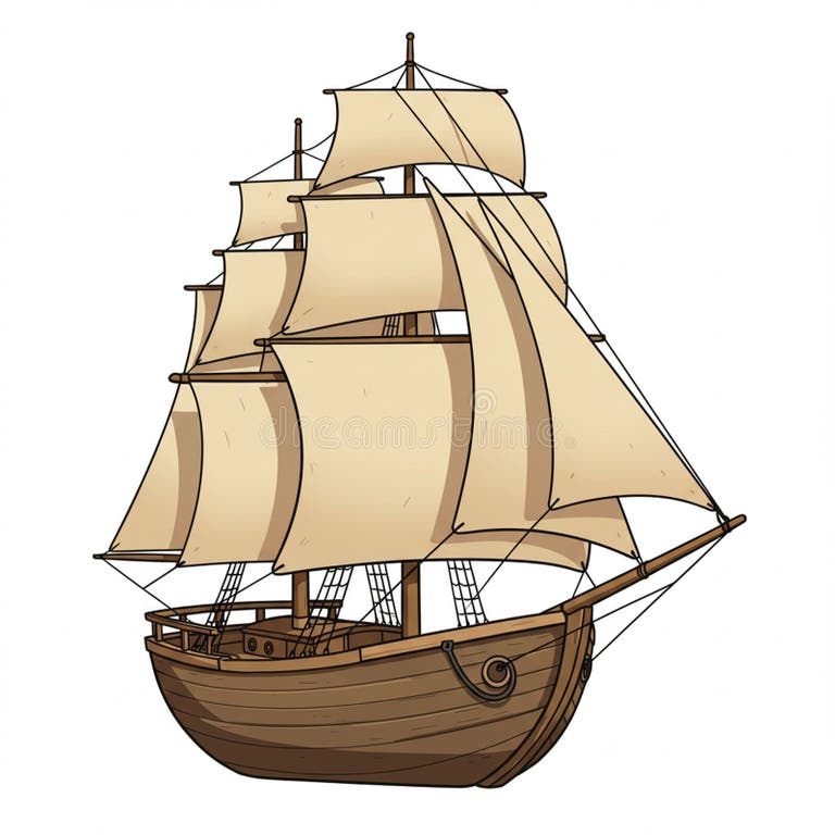 Illustration of a Classic Wooden Sailing Ship with Three Large Masts ...