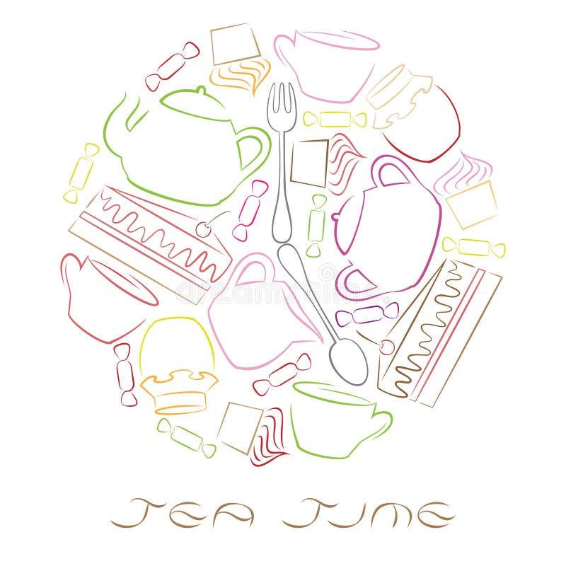 Illustration of a Clock with Tea Elements Stock Vector - Illustration ...