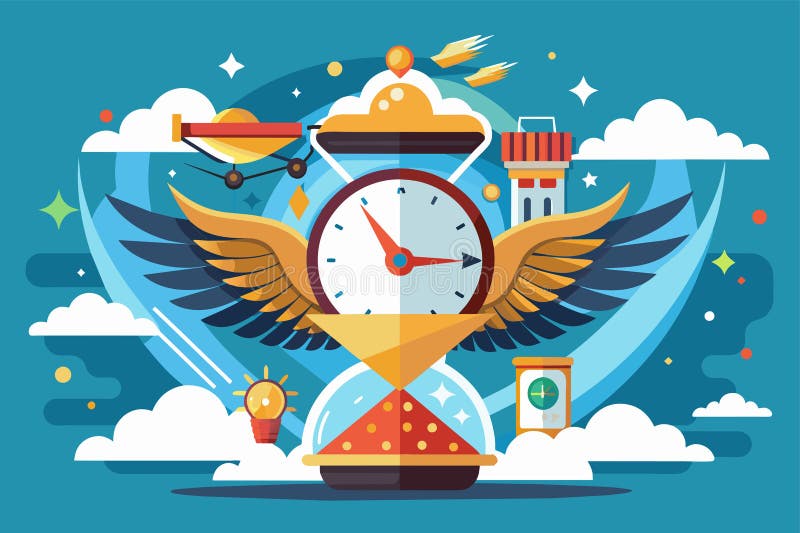 Illustration of a Clock with Wings on a Blue Backdrop, Symbolizing the ...