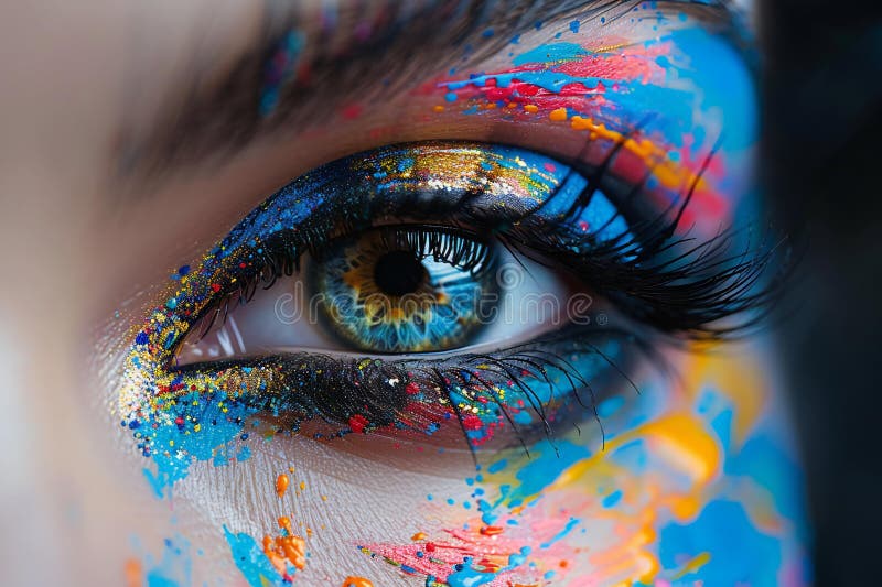 Close Up of Eye with Colorful Makeup, Covered in Paint Stock ...