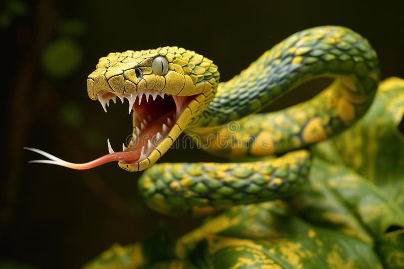 Close Up of a Green Snake with Open Mouth and Sharp Teeth Stock ...
