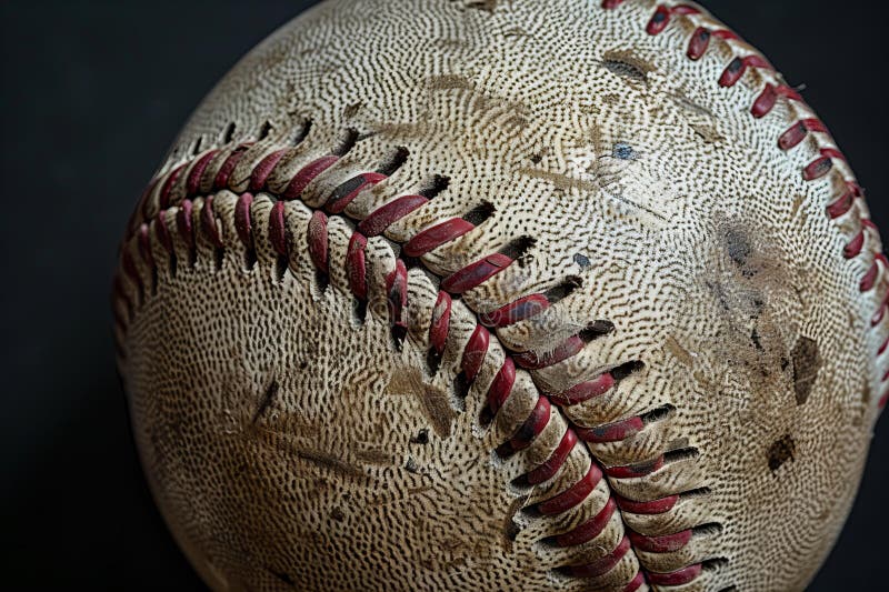 Close Up of an Old Baseball with Visible Stitching on a Black ...