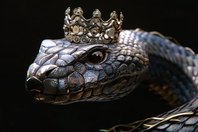 Close-up of a Snake Head with a Crown on a Black Background Stock ...