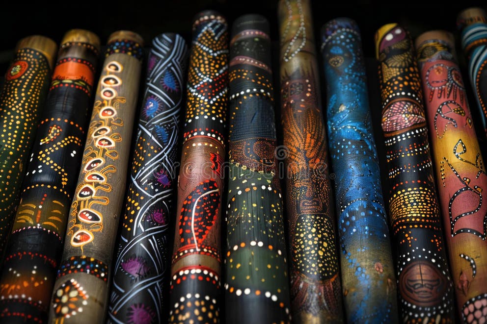 A Closeup of Aboriginal Art Painted on the Surface of Multiple Long ...