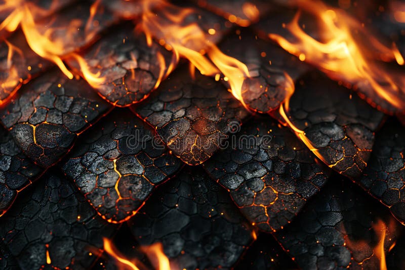 Closeup of Dragon Scales on Fire. the Flames Create a Dramatic Contrast ...