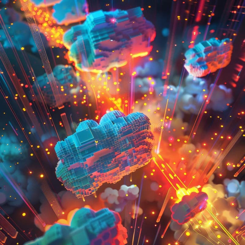 Illustration of Cloud Computing with a 3D Model and an Array of Vibrant ...