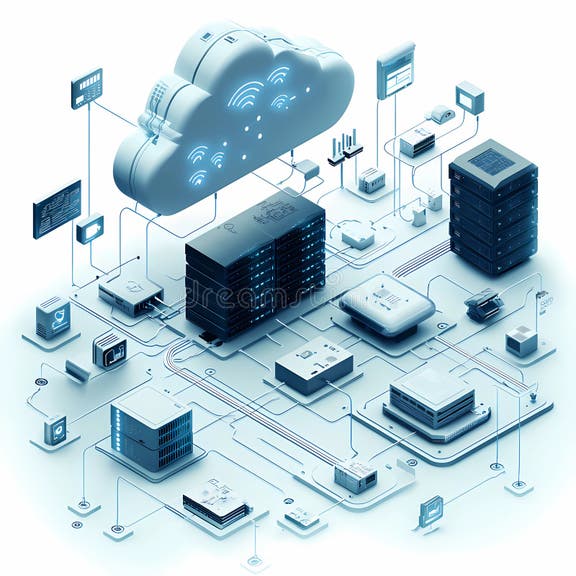 Illustration of Cloud Computing Symbols and Server Network Architecture ...