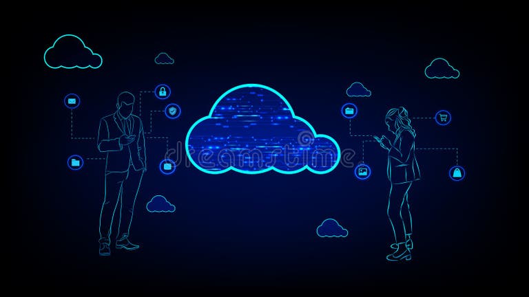 Illustration Cloud Computing with Two Users Accessing Data Smartphones, Representing Digital ...