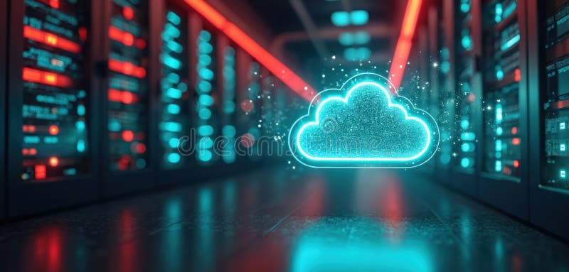 Illustration Cloud Data Center Concept Shows Data Transfer and Server Migration. Cloud Computing ...