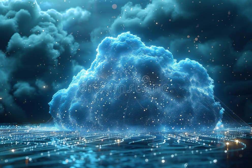 A Cloud with Data Flowing Out of it, Blue Background, Digital ...