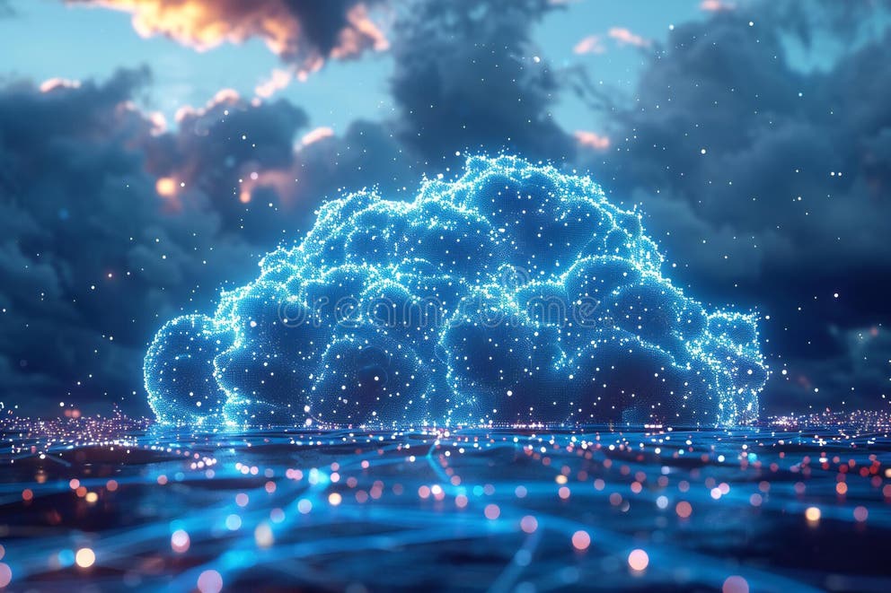 A Cloud with Data Flowing Out of it, Blue Background, Digital ...