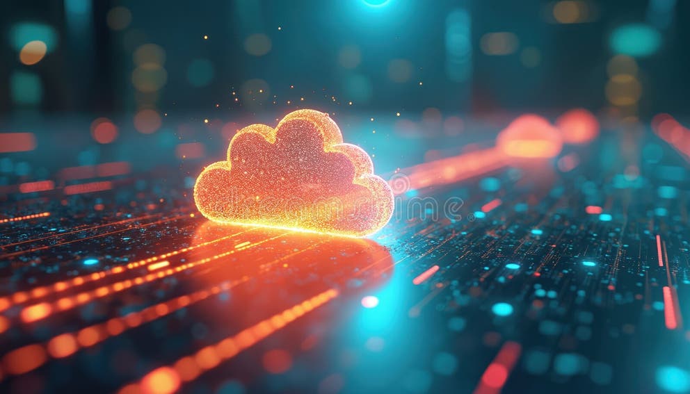 Illustration of Cloud Data Transfer with Glowing Orange Light Trails ...