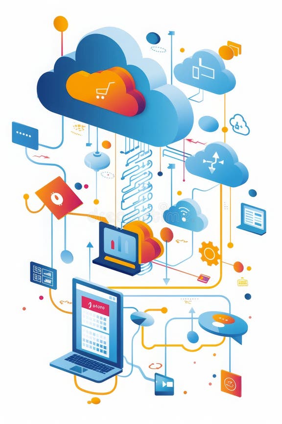 Illustration of Cloud Services and Computing with Colorful Cloud Icons, Data Synchronization ...