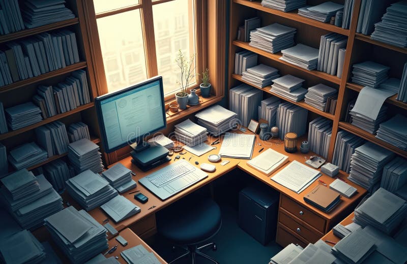 Illustration of Cluttered Desk Full of Papers, Books, Office Equipment ...