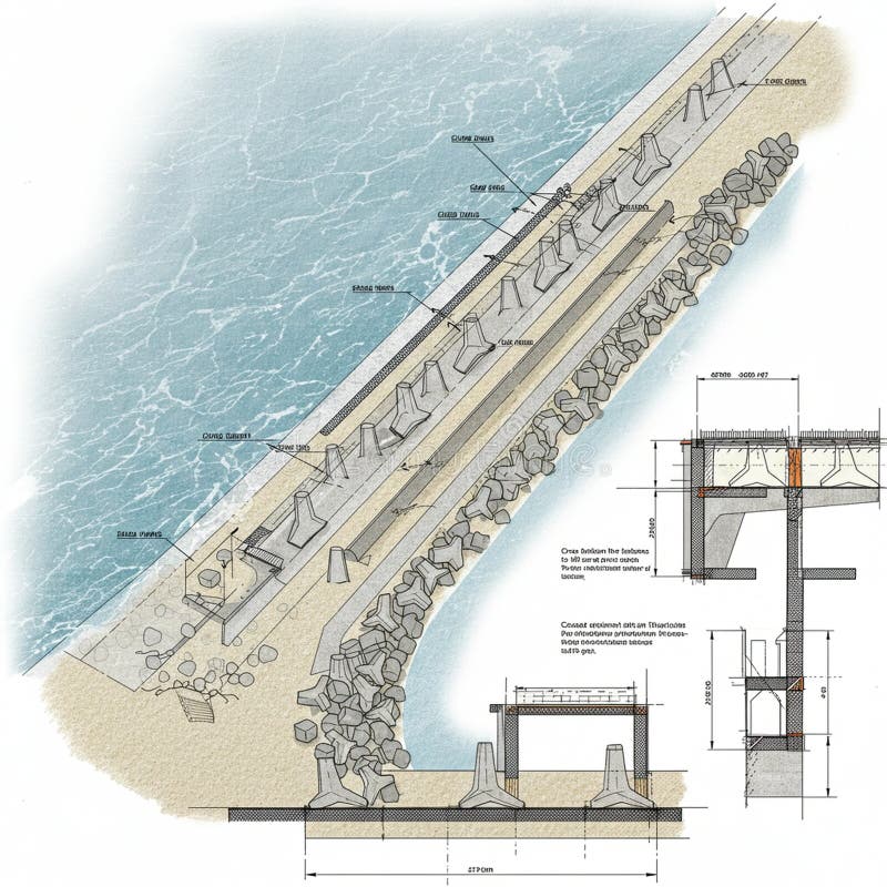 Illustration of a Coastal Defense Structure with Detailed Annotations ...