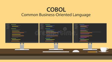 Illustration of COBOL - Common Business Oriented Language Programming Code Displayed on Three ...