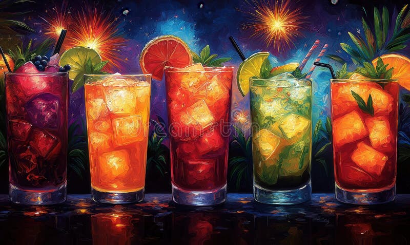 Illustration of Cocktails with Fireworks in the Background. Stock Image ...