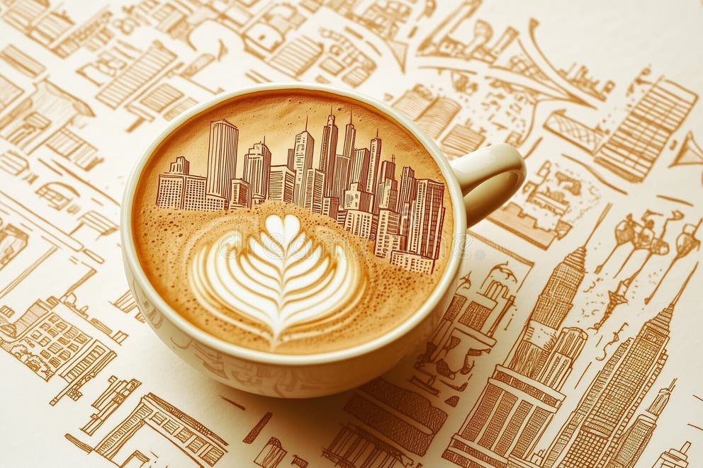 Illustration of Coffee Art with Latte Patterns and Buildings in the ...
