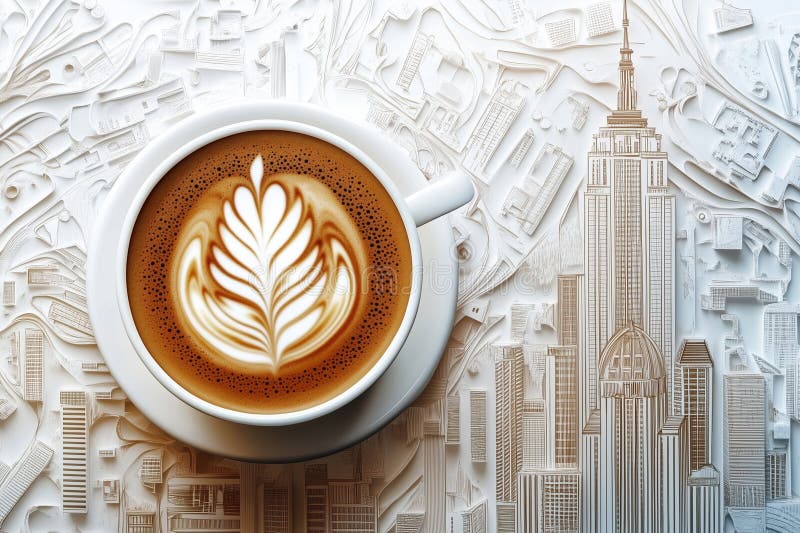 Illustration of Coffee Art with Latte Patterns and Buildings in the ...