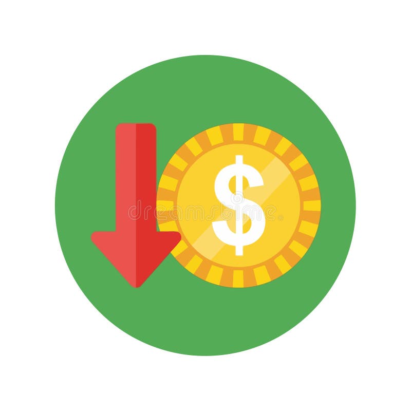 Illustration of a Coin with a Dollar Sign and a Downward Arrow, , Symbolizing a Decrease in ...
