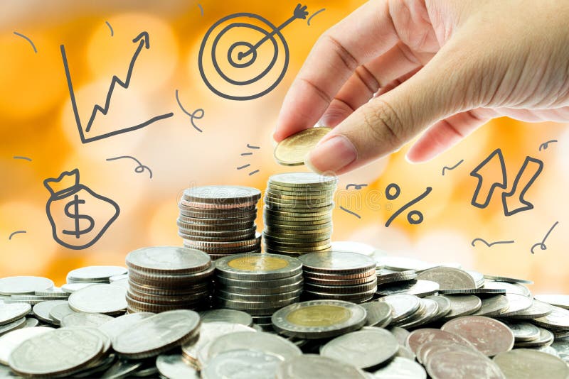 Illustration of Coin Stack with Graphic Hand Draw on Orange Bokeh Back ...
