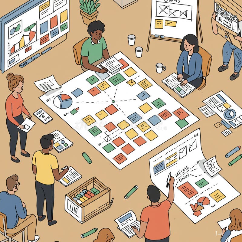 Illustration of a Collaborative Office Environment, Featuring Six ...